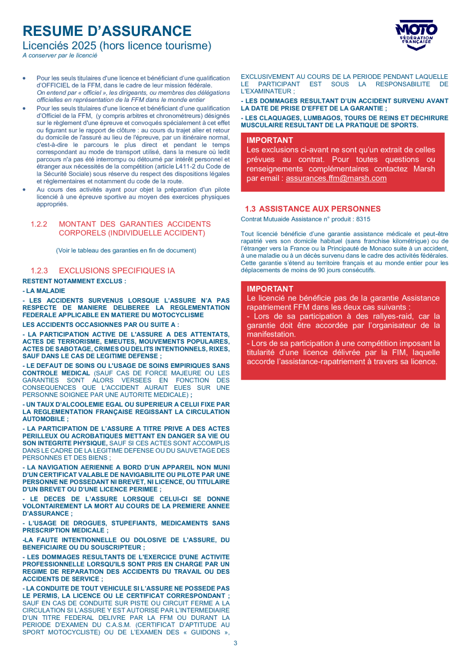 Résumé assurance licenciés 2025 | FFMoto